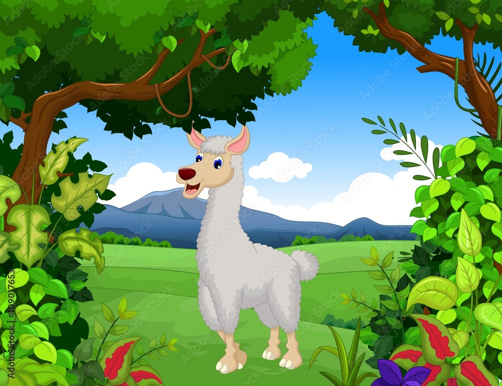 cute lama cartoon with forest landscape background Stock Vector | Adobe ...