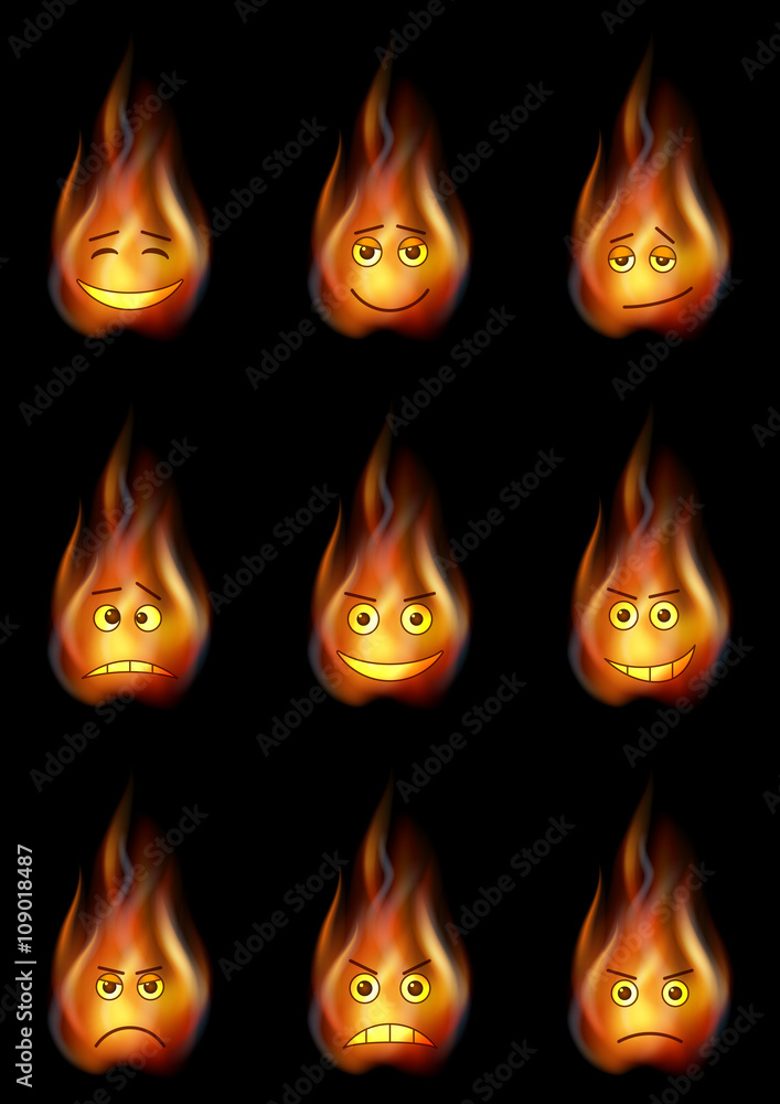 Set of Smileys, Stylized Flames, Symbolizing Various Human Emotions ...