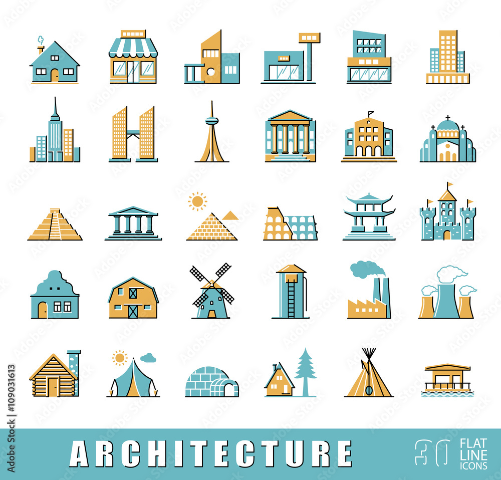 Buildings and architecture icons set. Various styles and building ...