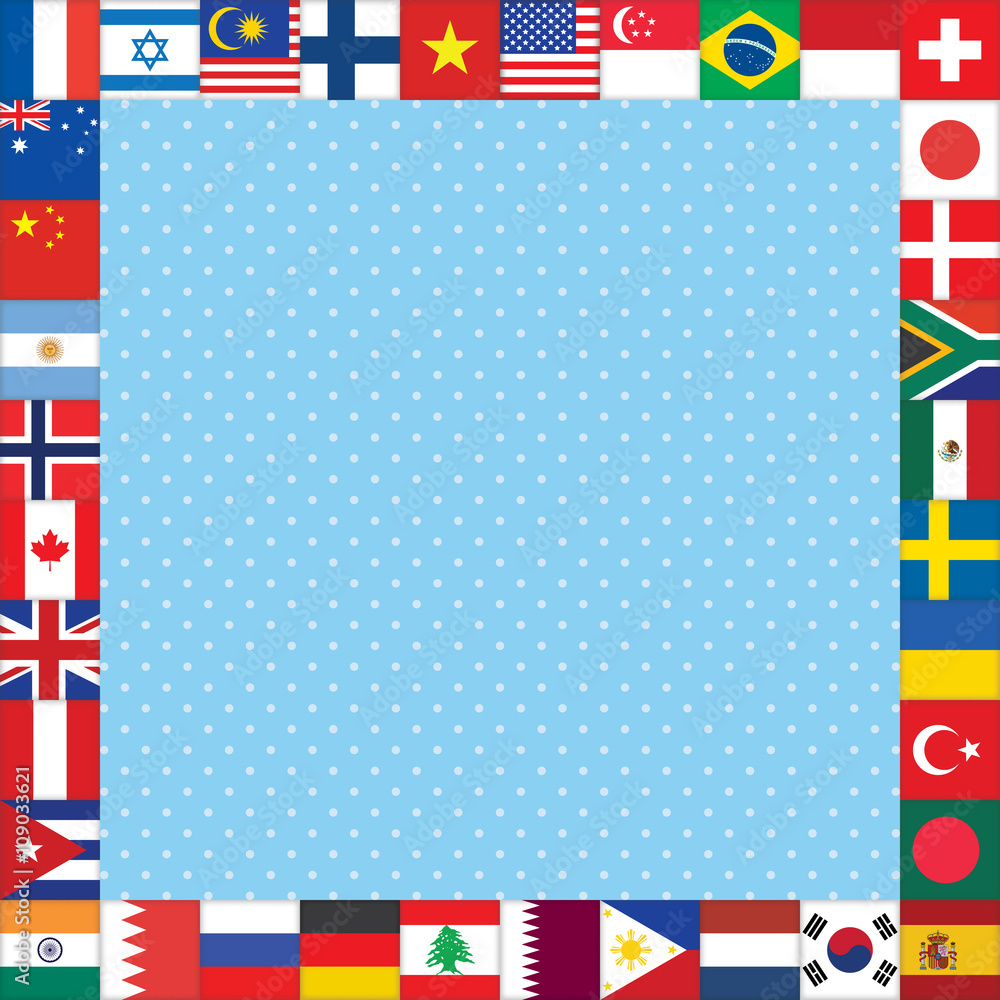 blue polka dot background with world flags frame Stock Vector | Adobe Stock