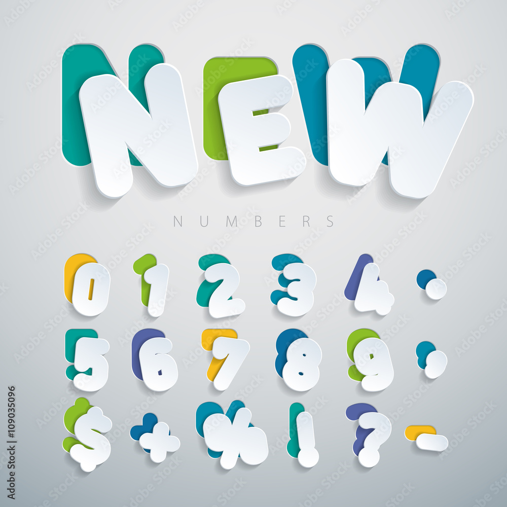 Stickers numbers. Flat design. Colorful alphabet imitating cardboard ...