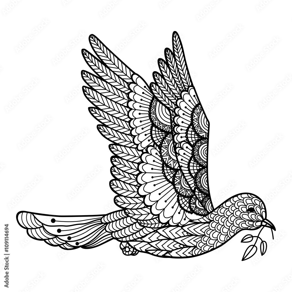 Dove is carrying branch zentangle stylized for coloring book Stock ...