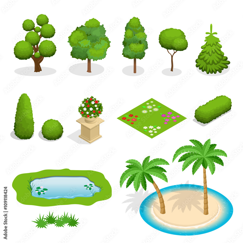 Isometric flat vector trees elements for landscape design. Diversity of ...
