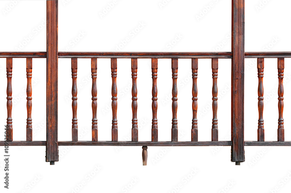 Poster Wooden railing of a balcony with balusters isolated on white ...