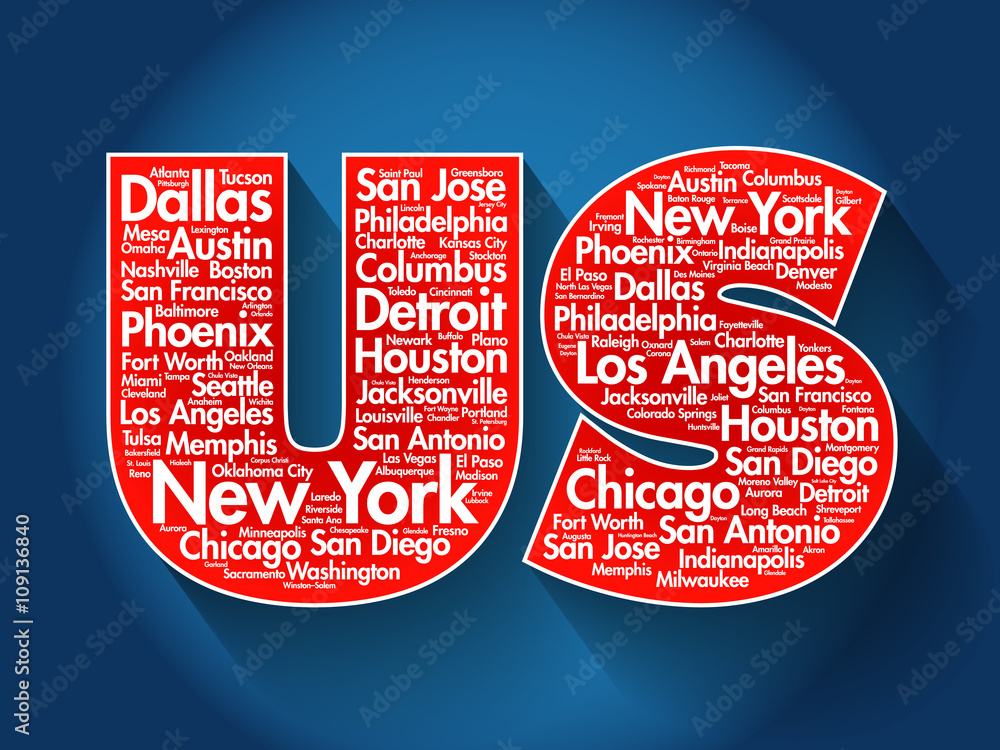 US flat design style letters with cities names words cloud, concept ...