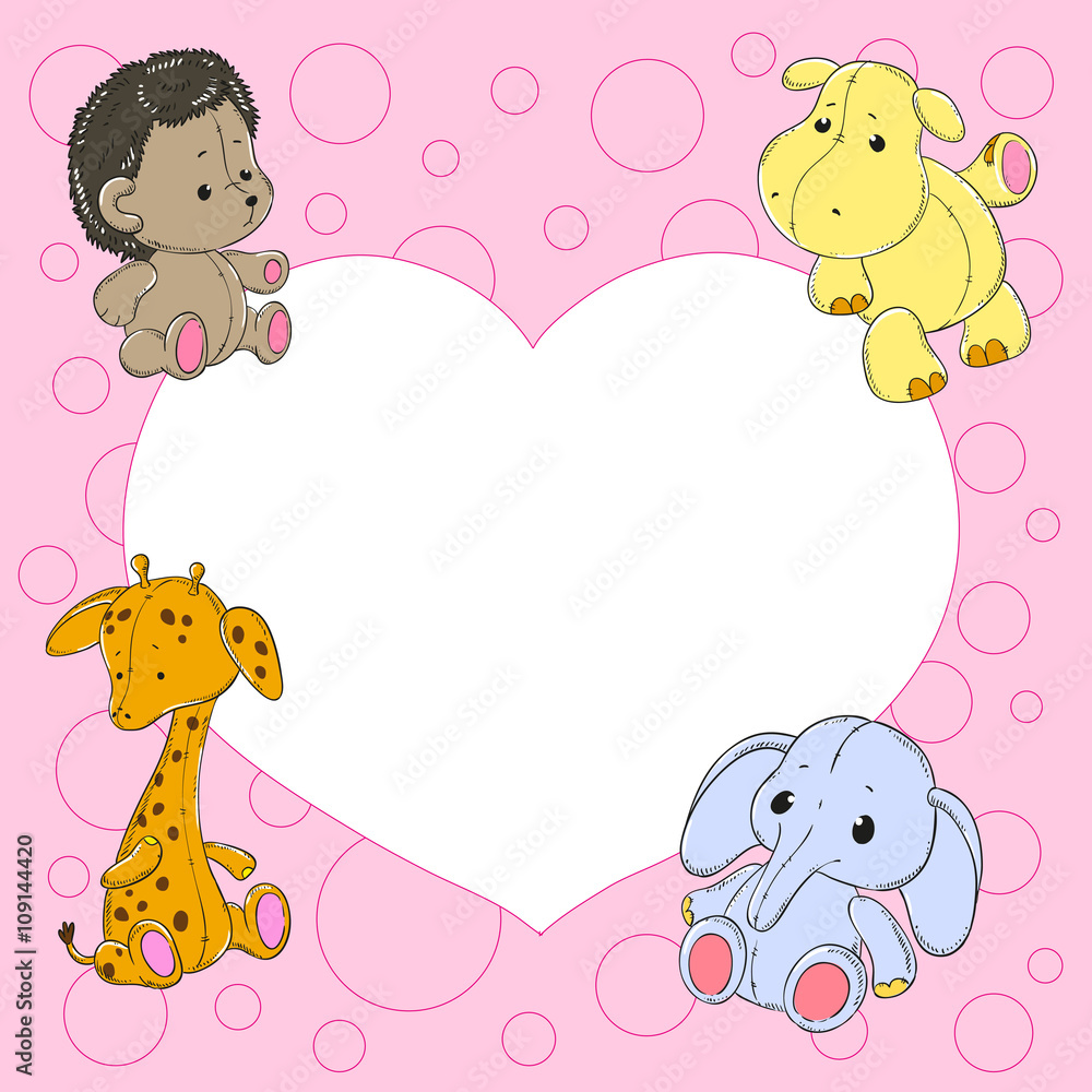 Children frame with cute animals. Toys giraffe, elephant, hedgehog ...