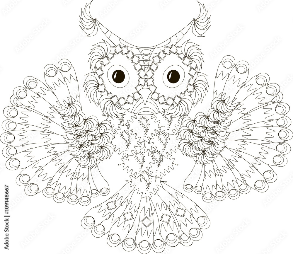 Zentangle stylized flying owl black and white hand drawn, vector ...