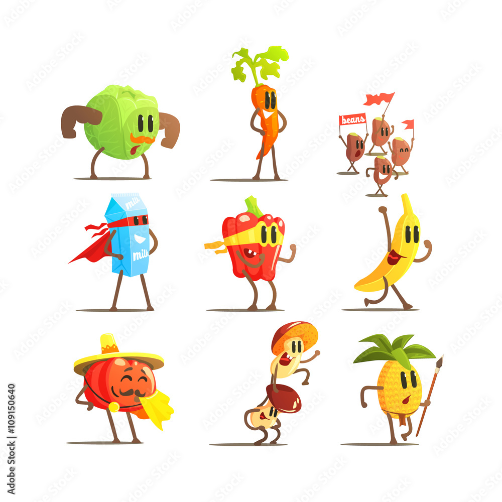 Healthy Food Cartoon Characters Set Stock Vector | Adobe Stock