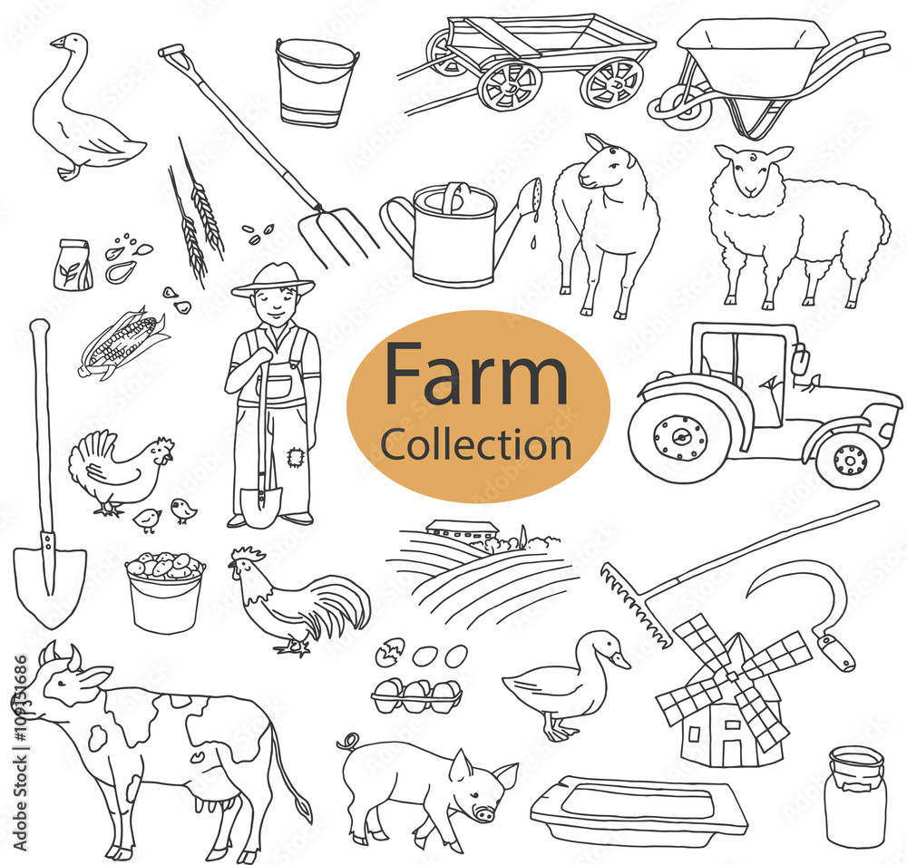 Farm doodles. Line art icons collection Stock Vector | Adobe Stock