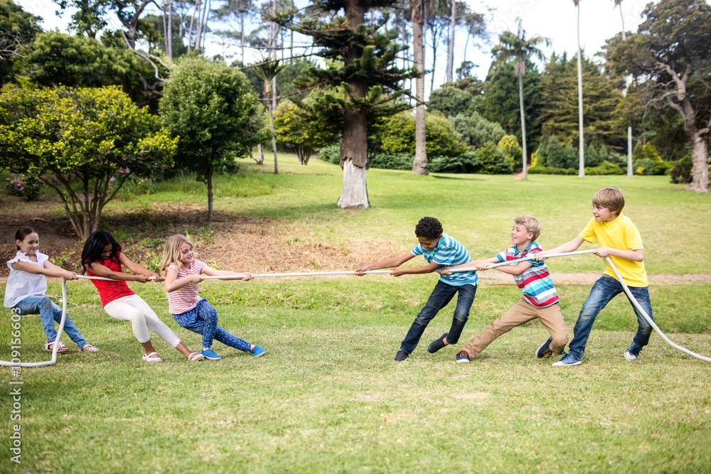 Children pulling a rope in tug of war Stock Photo | Adobe Stock