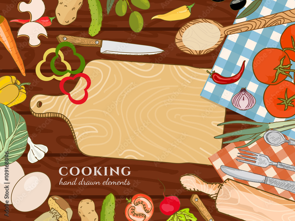 Cooking kitchen table fresh vegetables food template Stock Vector ...
