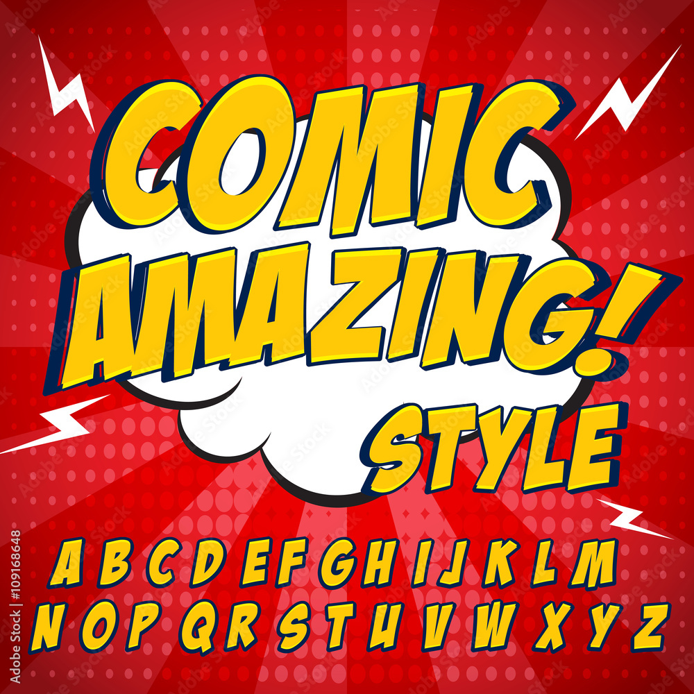 Comic retro yellow alphabet set. Letters, numbers and figures for kids ...