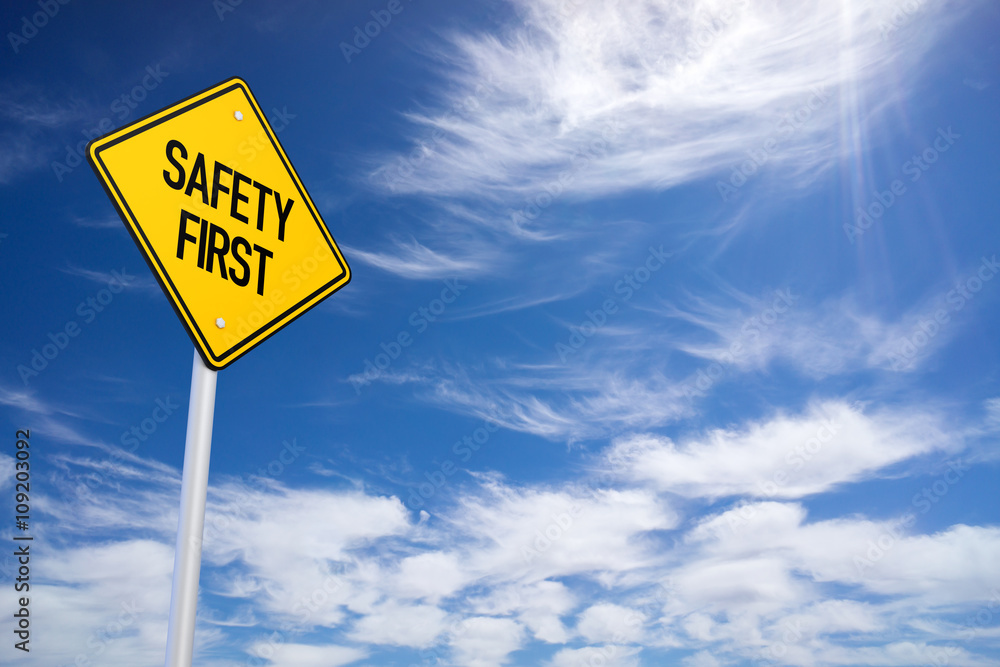 Safety First Road Sign and Blue Sky Stock Illustration | Adobe Stock