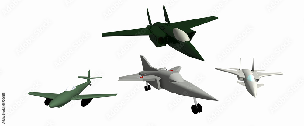 four simple low-poly 3D models of aircraft. White background ...