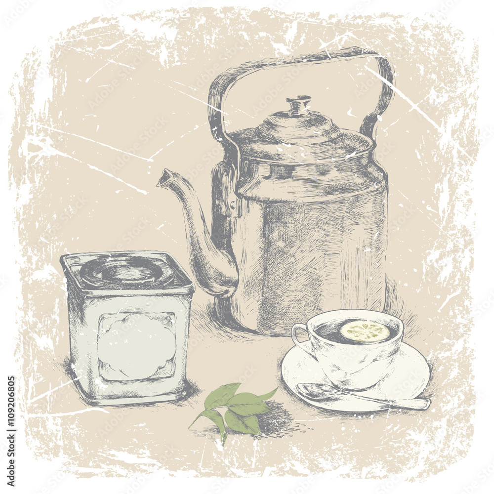 hand drawing of box of tea, cup of tea, tea leaves,lemon.vector ...