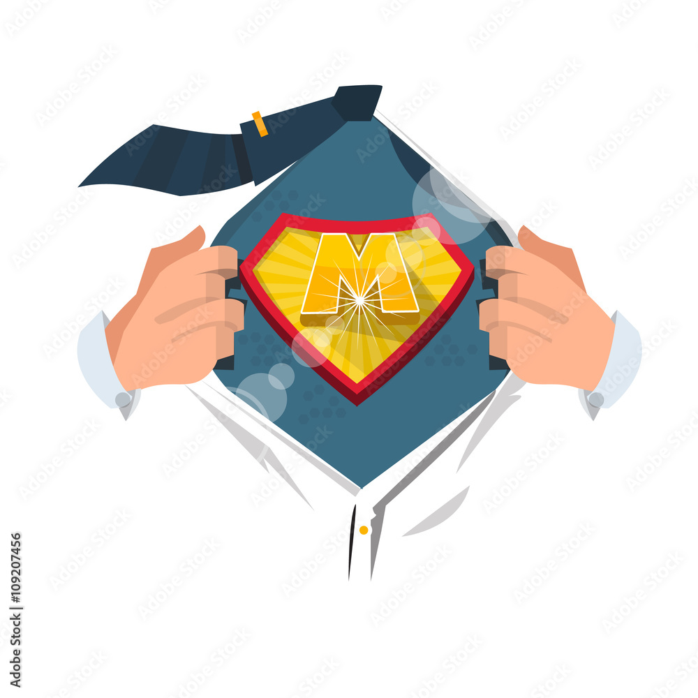 man opening shirt to show alphabet "M" in superhero style. alpha vector ...