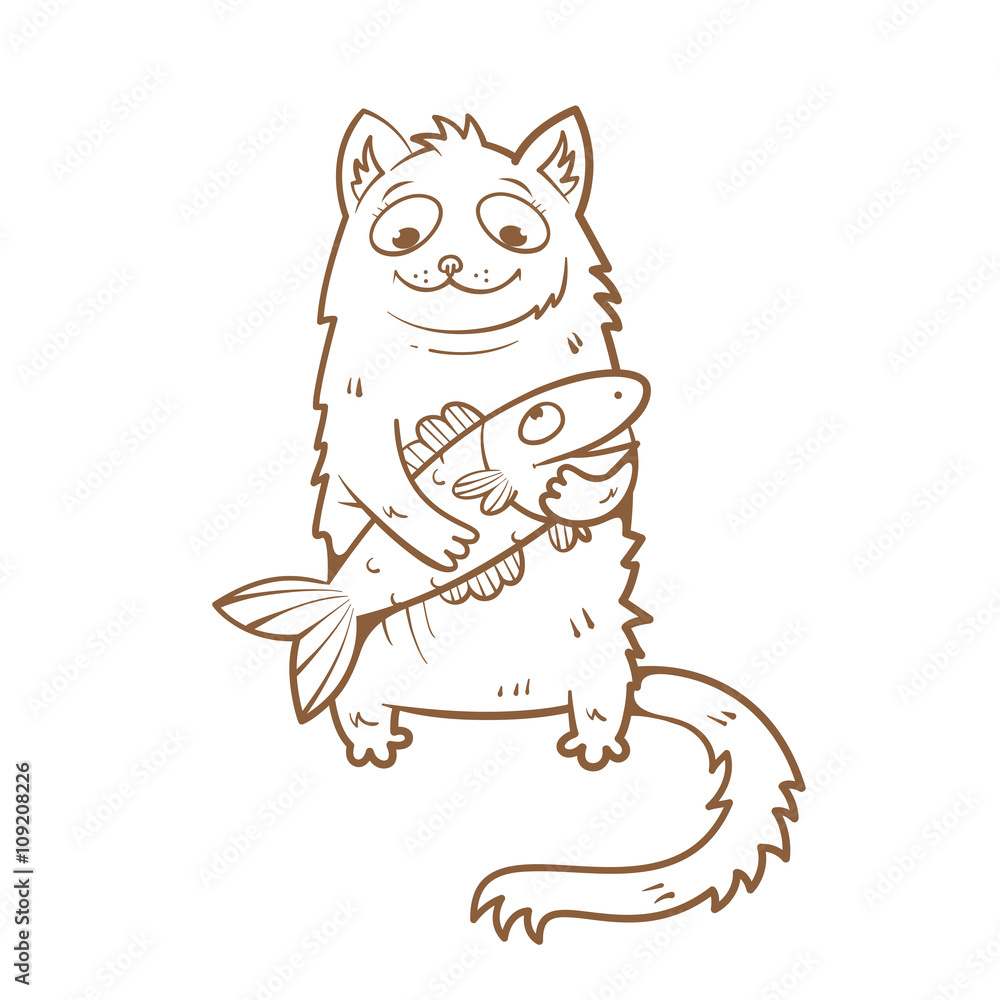 Card with cute cartoon cat and fish. Friendship of cat and fish ...