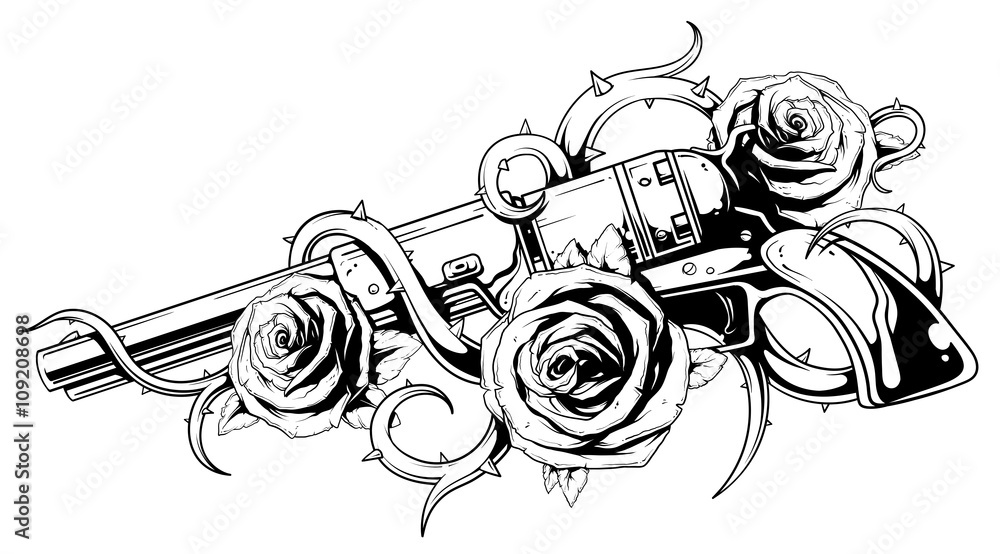 Vintage revolver with roses tattoo Stock Vector | Adobe Stock