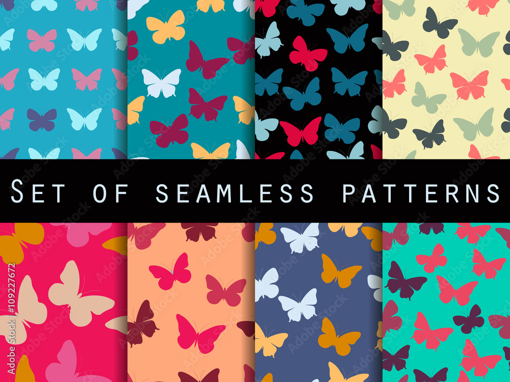 Butterfly. Set of seamless patterns with butterflies. Vector ...