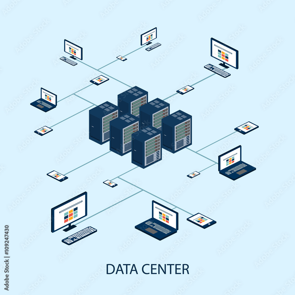 Data isometric set with data center and network elements vector Stock ...