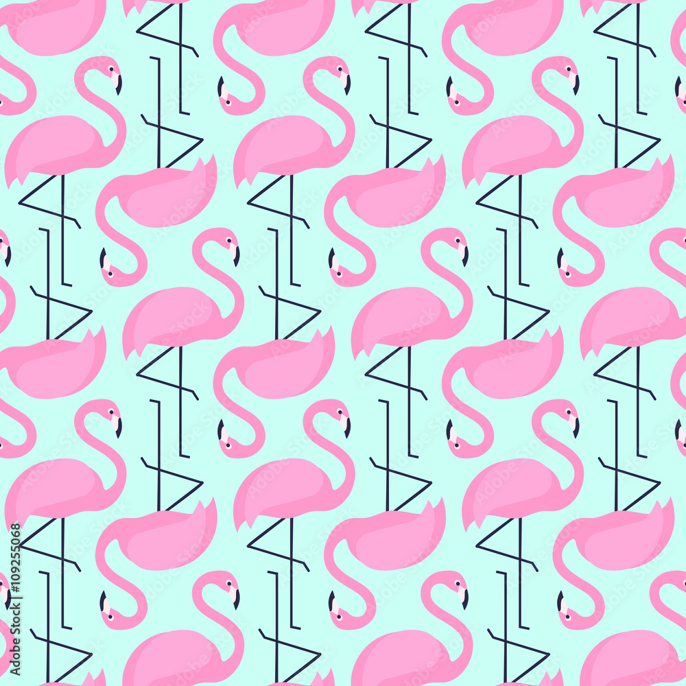 Flamingo seamless pattern on mint green background. Pink flamingo ...
