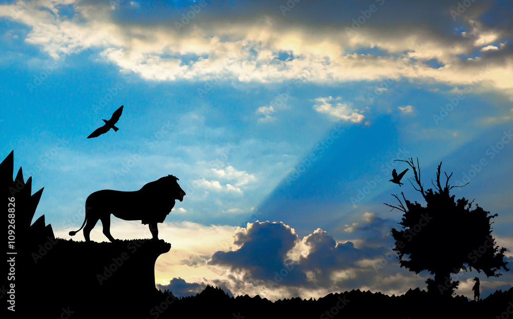 Jungle with mountains, old tree, birds lion and meerkat on blue cloudy ...