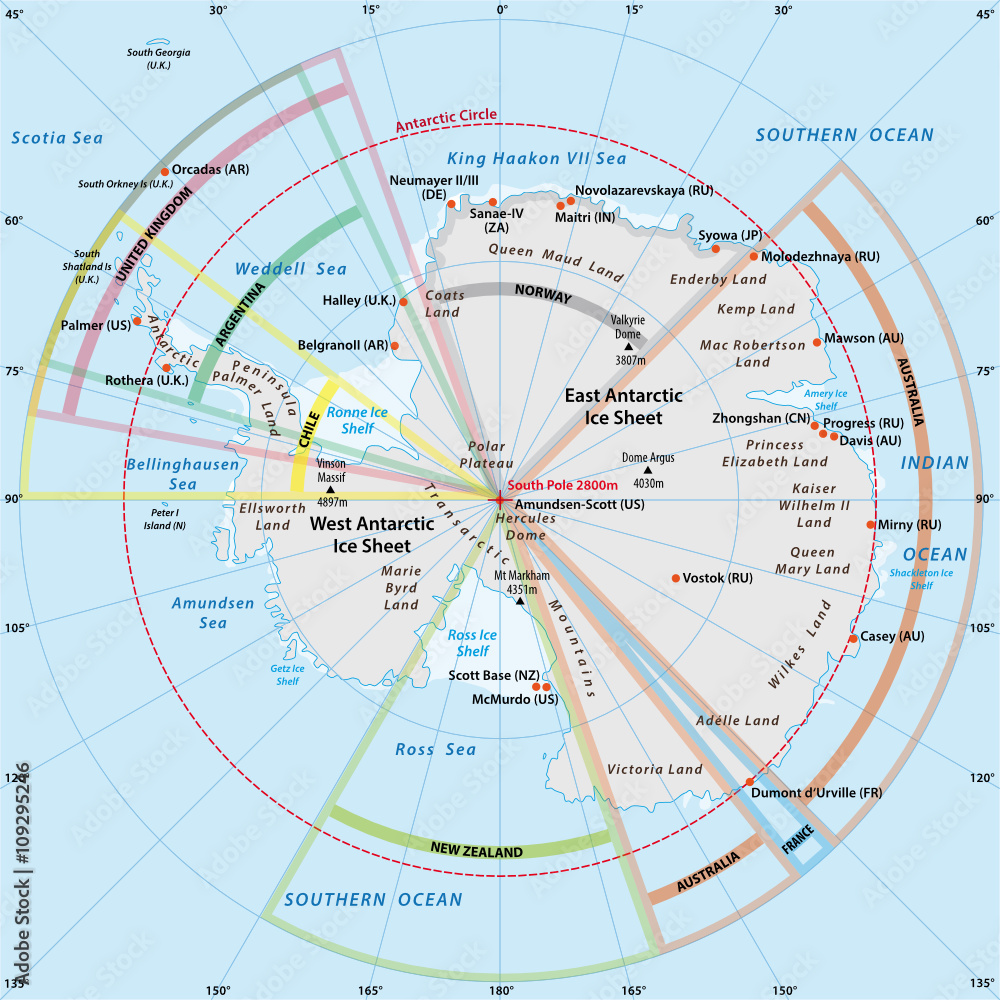 political map of Antarctica with the territory claims Stock Vector ...