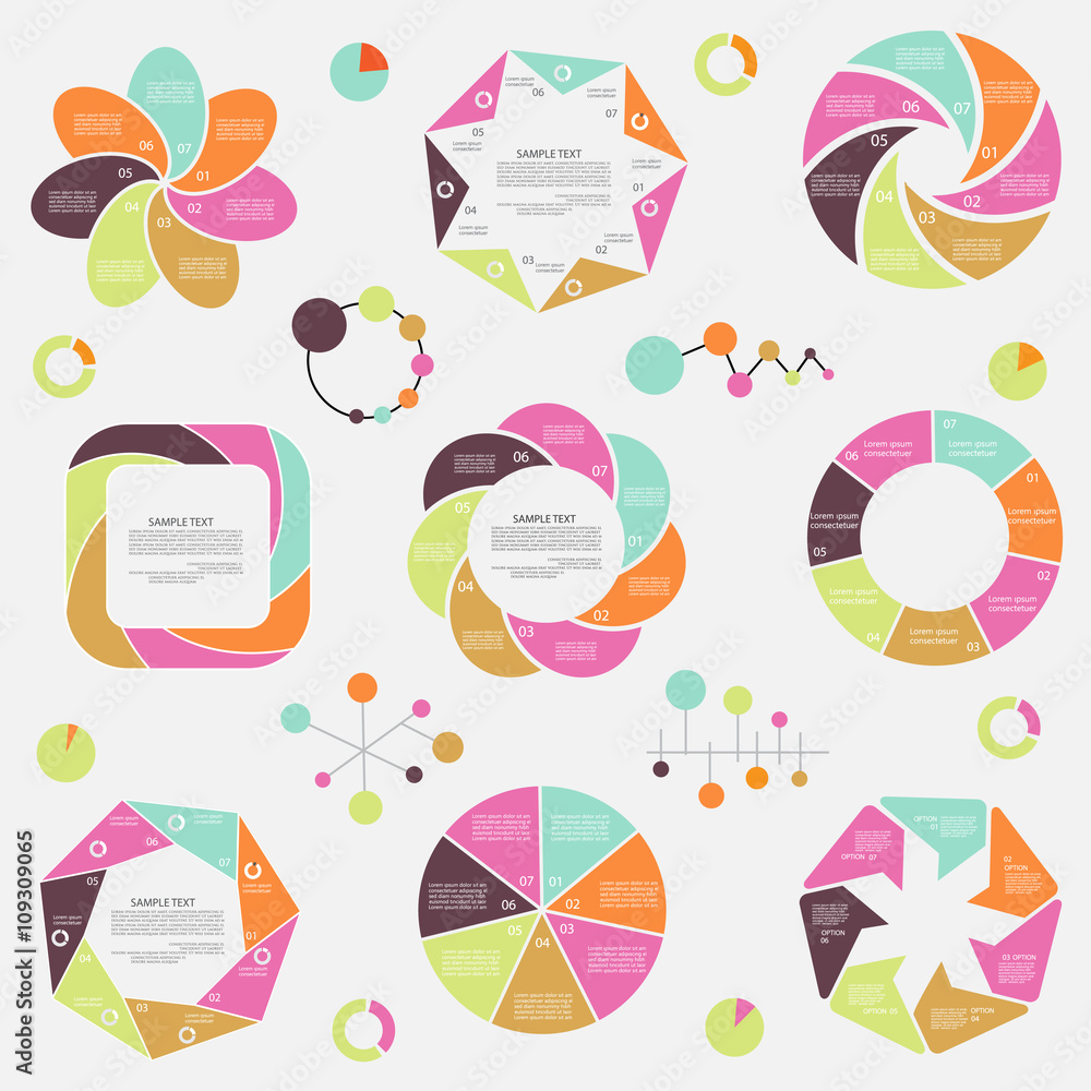 Diagrams set, seven steps of process Stock Vector | Adobe Stock