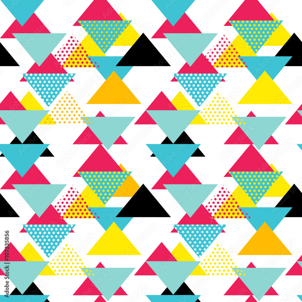 Seamless geometric pattern with magenta, blue, yellow triangles in pop ...