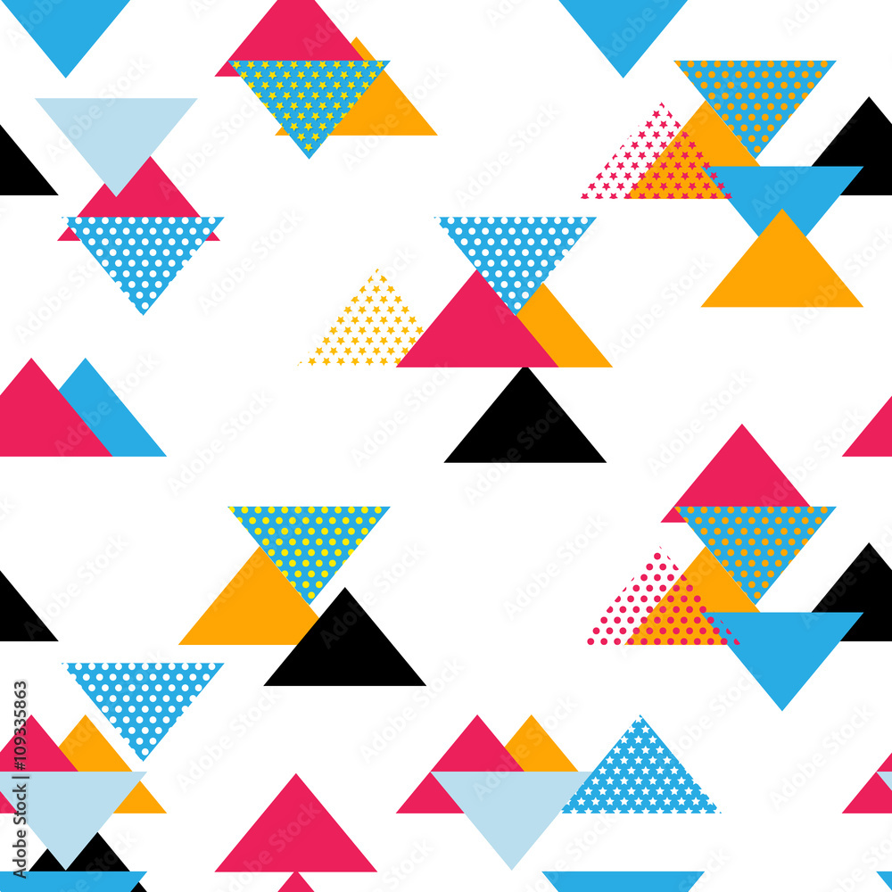 Seamless geometric pattern with magenta, blue, yellow triangles in pop ...