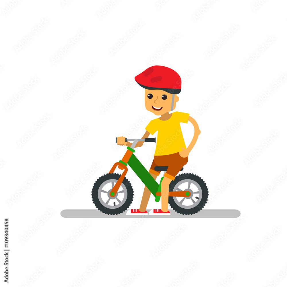Vector illustration kid balance bike on white background. Happy cartoon boy with balance bike on ...