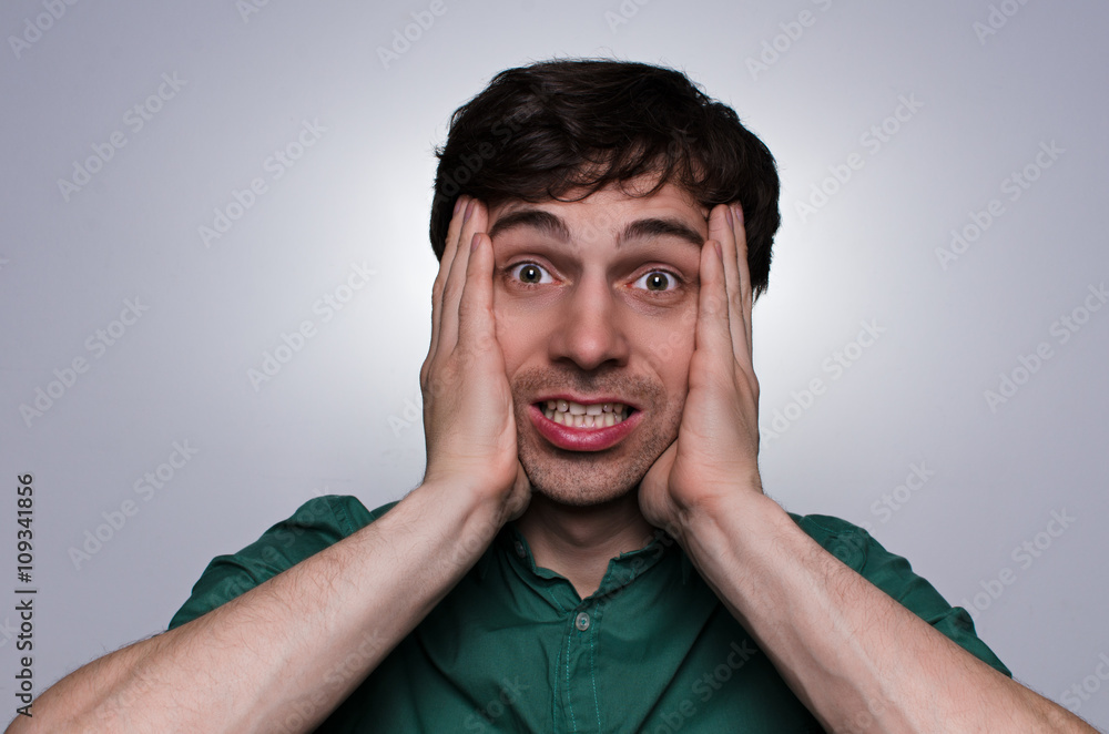 man feel panic. fright emotion. man keep two hands near the face and ...