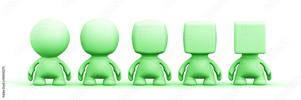 five green human 3d people with heads shaped from spherical to cubical ...