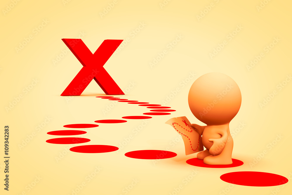 orange 3d person reading a treasure map to reach a big red X on white ...