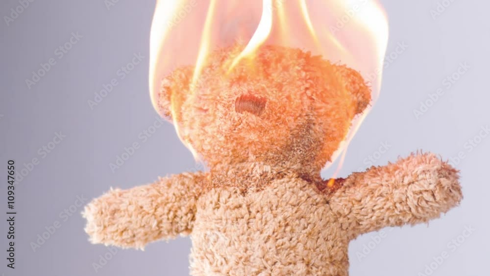 Head of teddy bear on fire, in a blaze of flames. Stock ビデオ | Adobe Stock