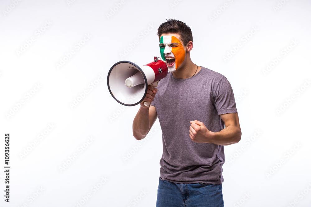 Scream on megaphone Irish football fan in game supporting of Republic ...