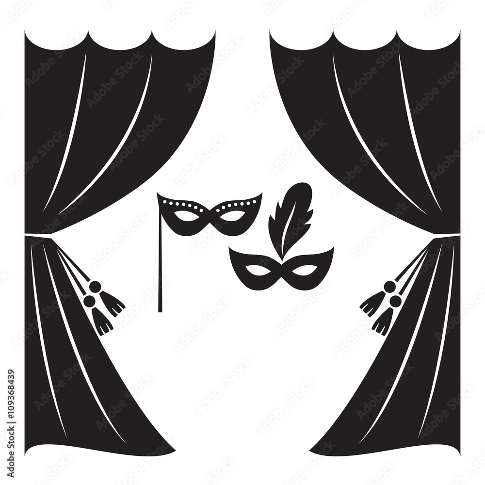 Theater curtain and masks vector illustration. Theater logo, label or ...