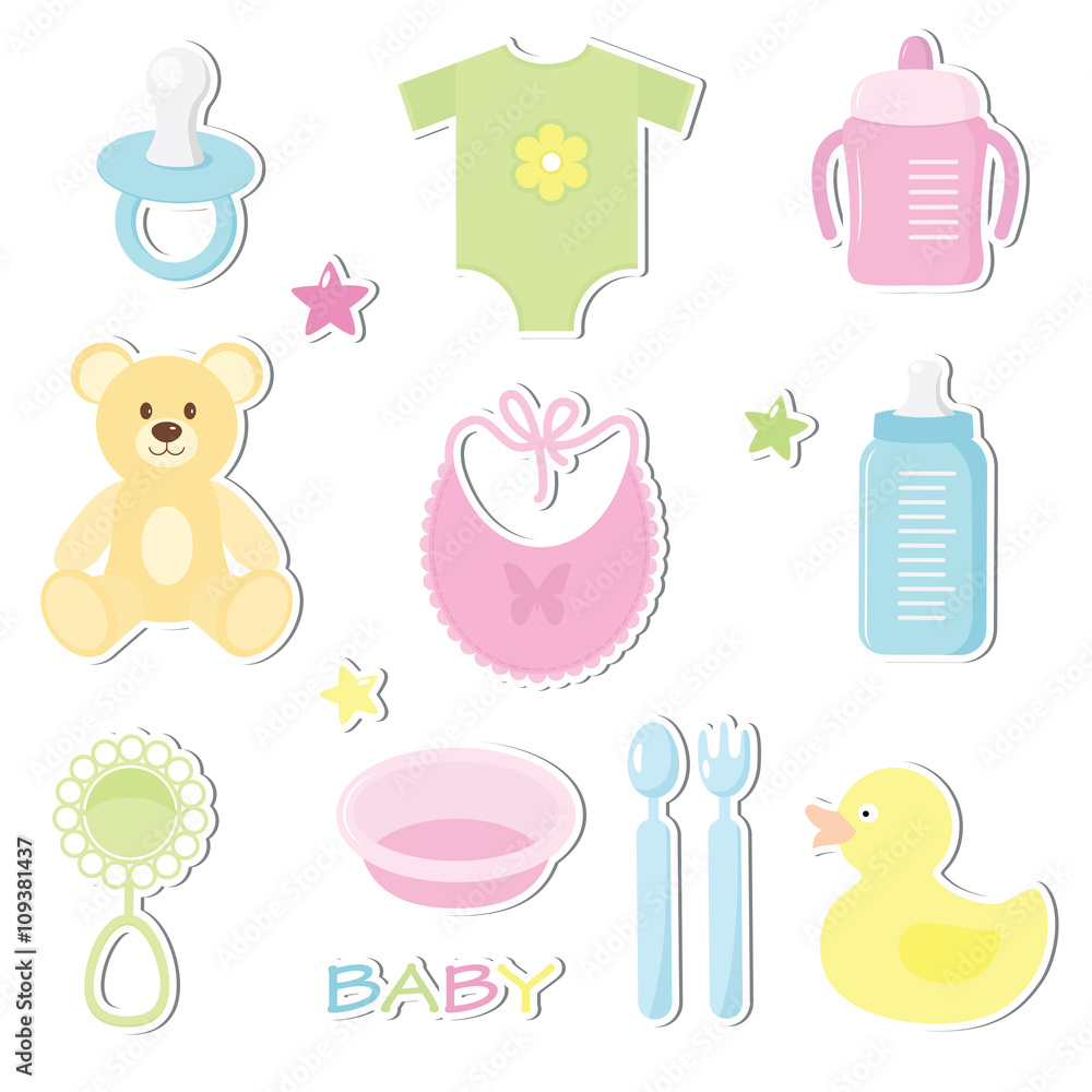 Set of cute baby toy stickers.Baby set. Design elements for baby shower ...