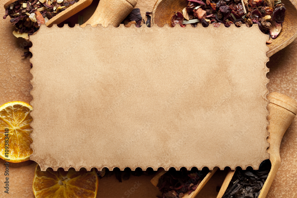 Blank paper card and dried leaves of tea in background Stock Photo ...