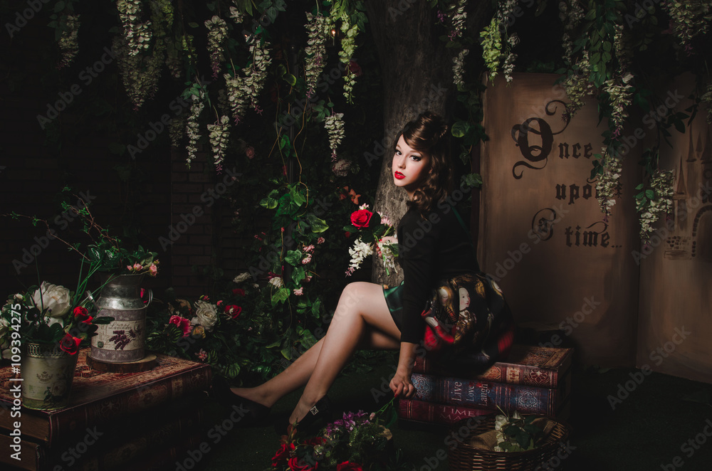 Magic portrait of romantic beautiful girl with wavy hair, red lips, art ...