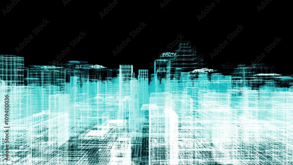 Seamless looping animation of a 3d city skyline, wireframe look Stock ...