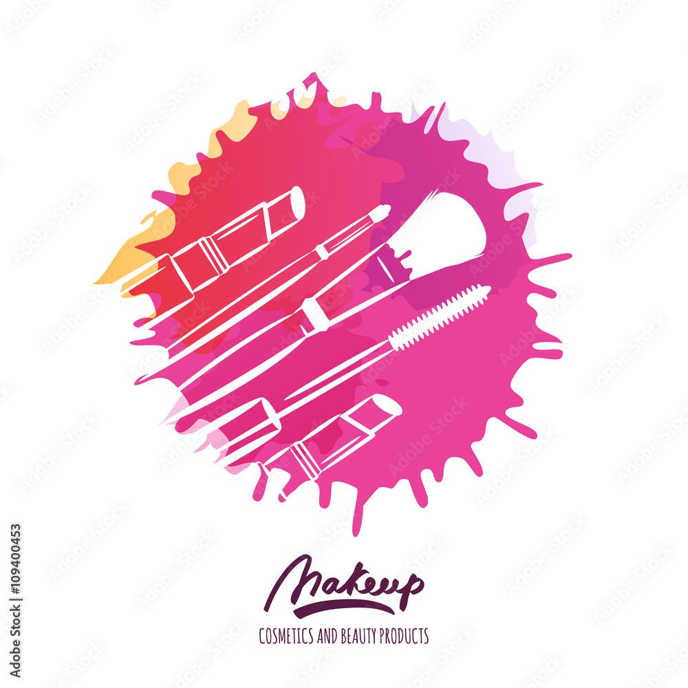 Makeup tools on watercolor splash background. Vector beauty logo or ...