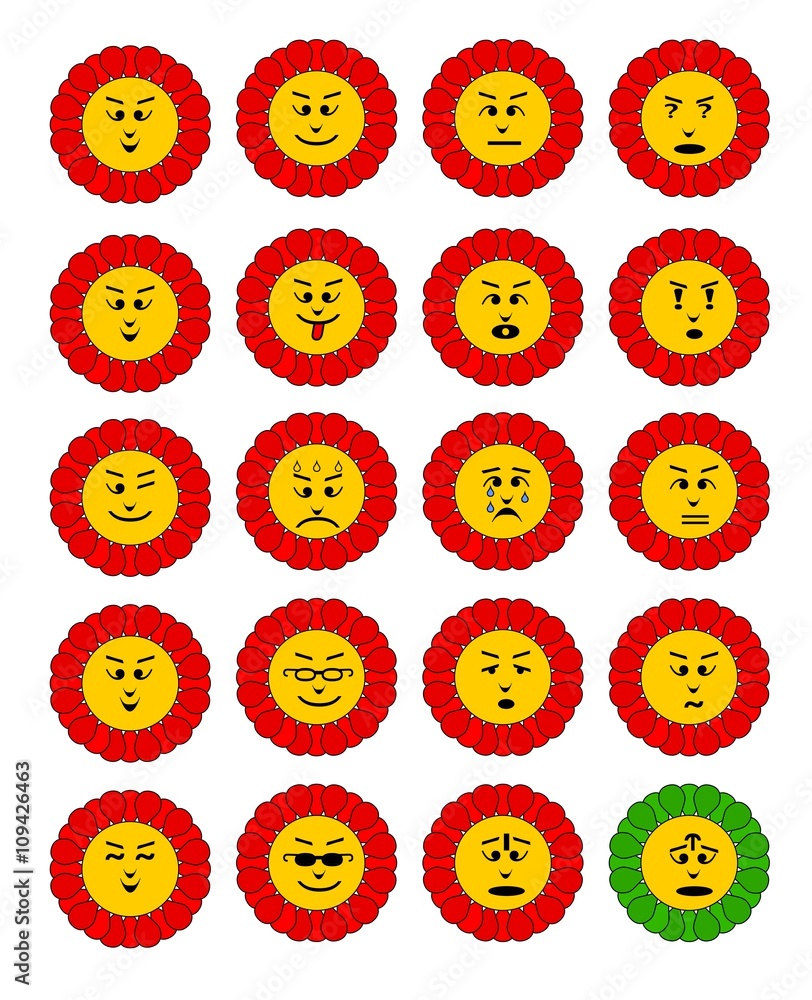 Emoticon set. Emoji flowers. Flower with emoji faces. Flower emoticon ...