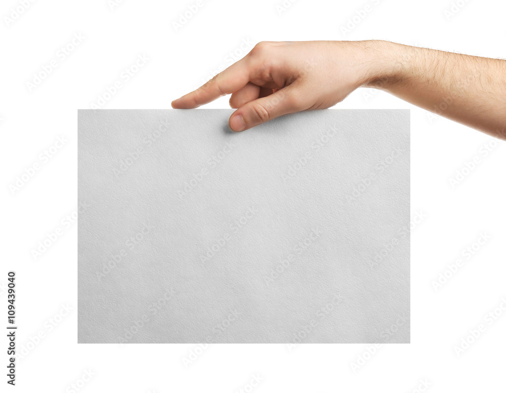 Male hand holding clean sheet of paper, isolated on white Stock Photo ...