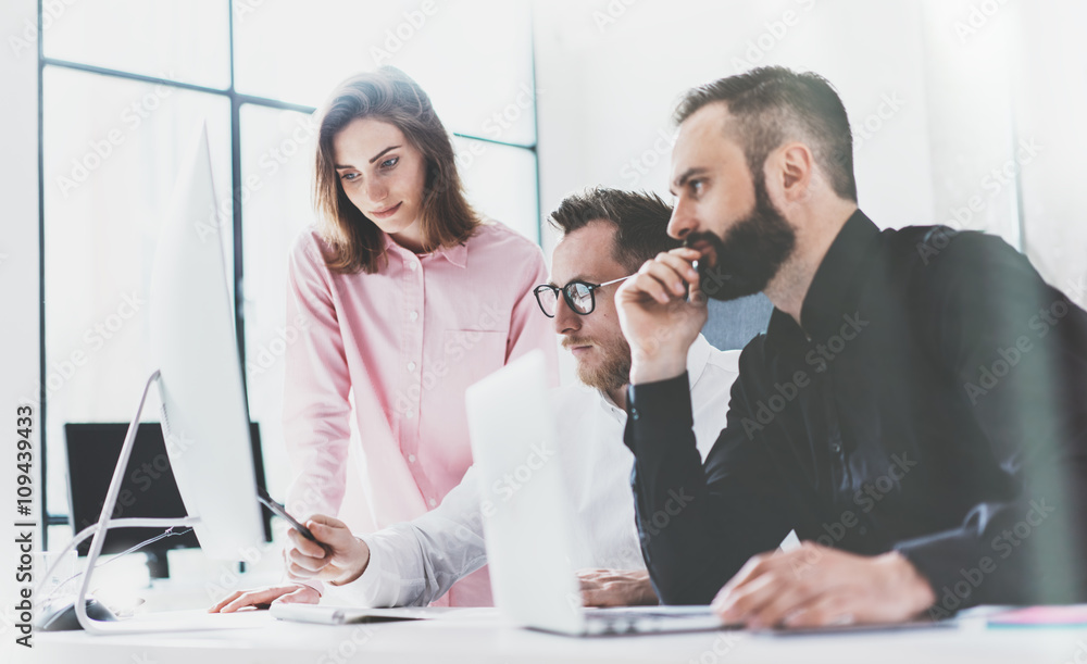 Coworkers photo in sunny office.Project managers team work new idea ...