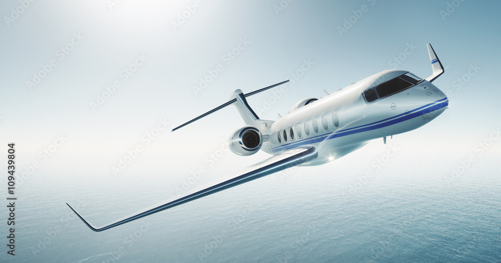 Photo of white luxury generic design private jet flying over the sea ...