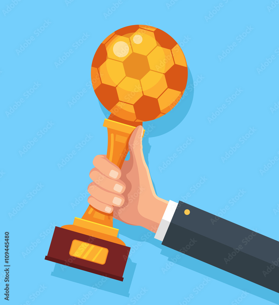 Football gold cup in hand. Vector flat cartoon illustration Stock ...