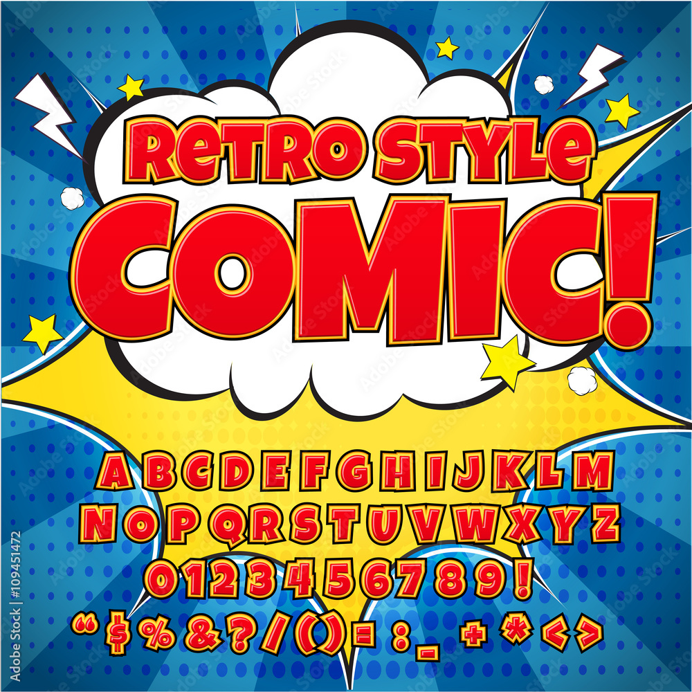 Comic retro alphabet set. Red color version. Letters, numbers and ...