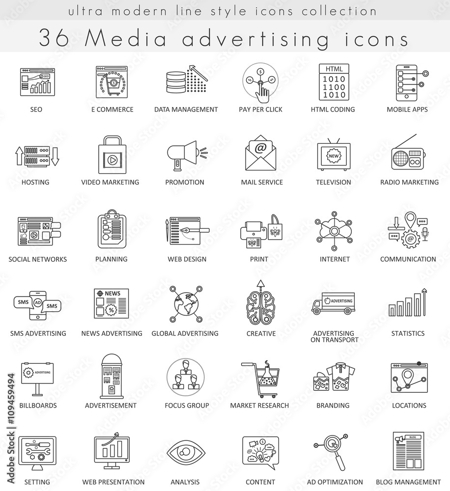Vector Media advertising ultra modern outline line icons for web and ...