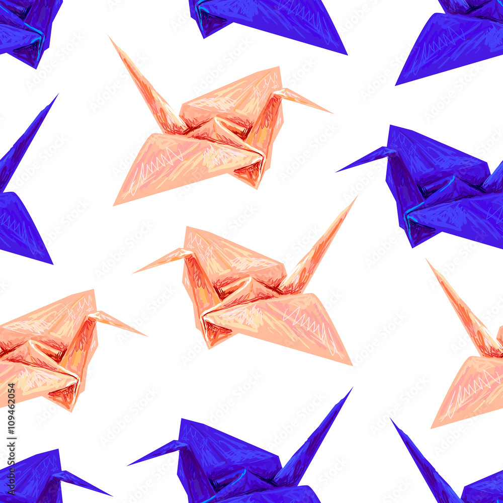 Seamless Japanese pattern with origami paper crane bird vector ...